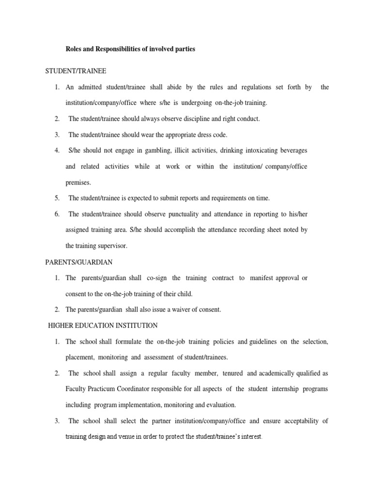 Roles and Responsibilities of Involved Parties in OJT | PDF | Behavior Modification | Learning