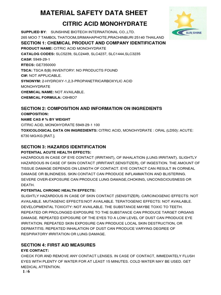 Citric Acid Monohydrate MSDS | PDF | Toxicity | Water