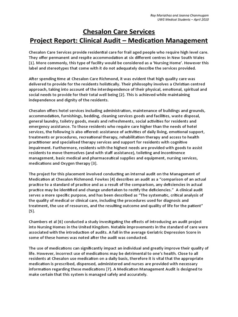 Chesalon Care Services Project Report: Clinical Audit - Medication ...