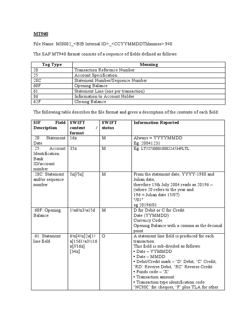SWIFT MT940 Formata Apraksts en | PDF | Financial Transaction | Cheque