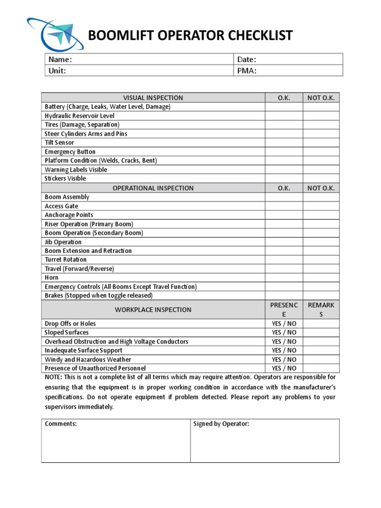 Boomlift Operator Checklist: Name: Date: Unit: Pma | PDF