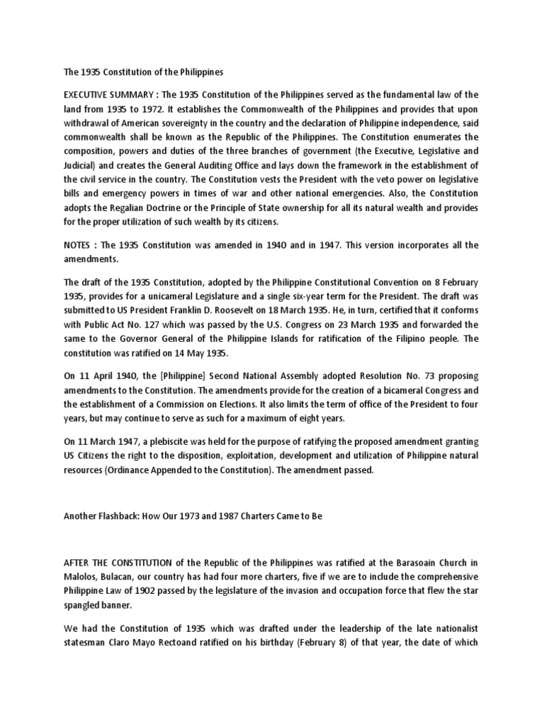 Overview of the 1935 Philippine Constitution | PDF | Constitutional ...