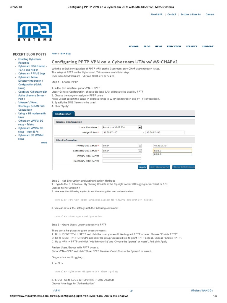 Configuring PPTP VPN On A Cyberoam UTM With MS-CHAPv2 - MPA Systems PDF ...