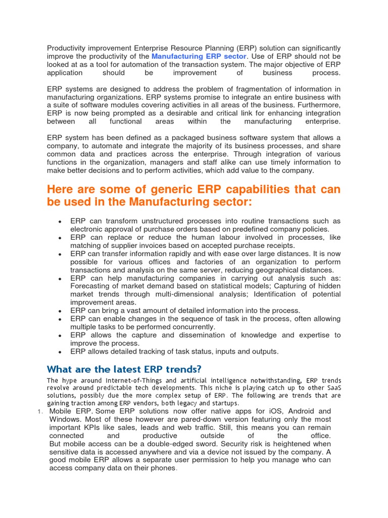 Here Are Some of Generic ERP Capabilities That Can Be Used in The ...