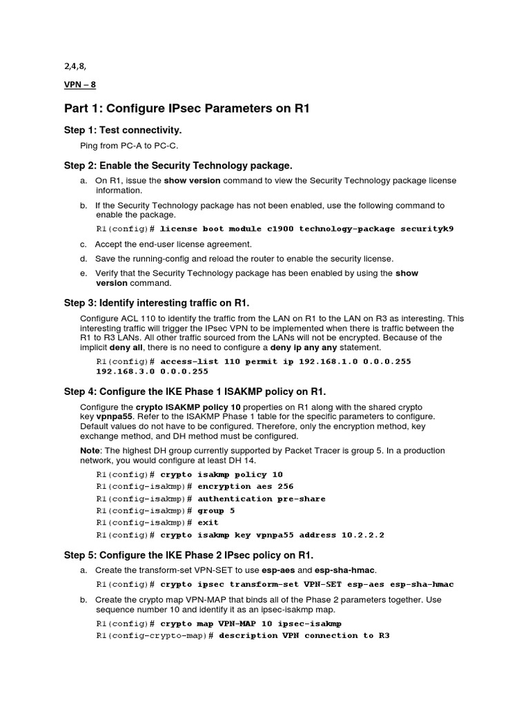 Part 1: Configure Ipsec Parameters On R1: Version Command | Download Free PDF | Virtual Private ...