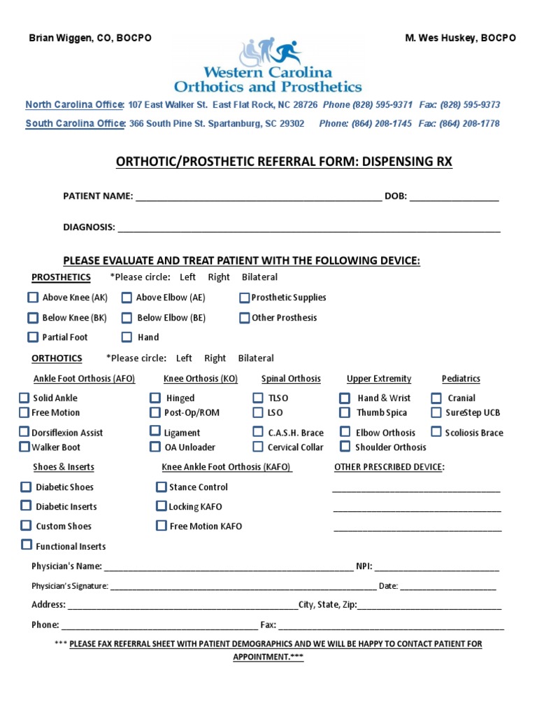 Orthotic/Prosthetic Referral Form: Dispensing Rx: Please Evaluate And ...