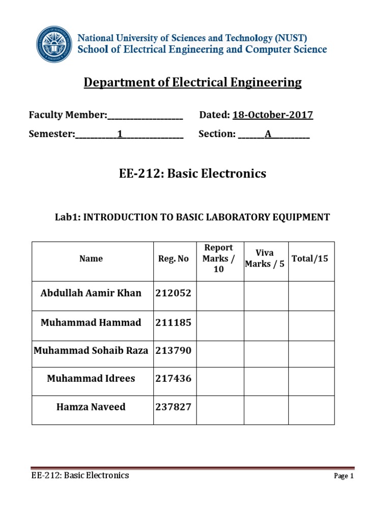 Department of Electrical Engineering: Name Reg. No Marks / 10 Viva ...