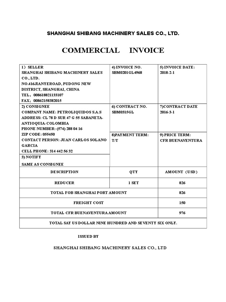 Commercial Invoice: Shanghai Shibang Machinery Sales Co., LTD | PDF