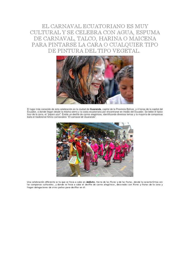 El Carnaval Ecuatoriano Es Muy Cultural y Se Celebra Con Agua | PDF ...