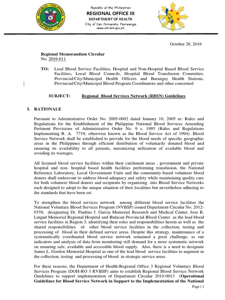 Signed RBSN Guidelines (Central Luzon) | PDF | Blood Donation | Blood ...
