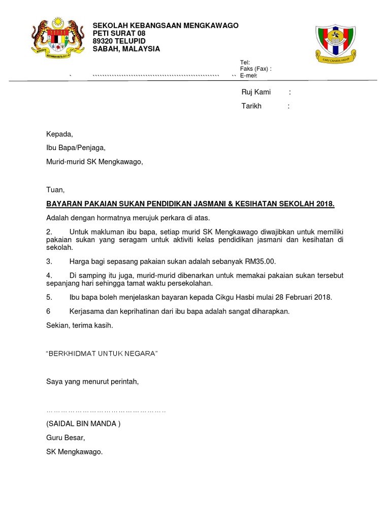 Surat Rasmi Kutipan Bayaran Pakaian Sukan | PDF