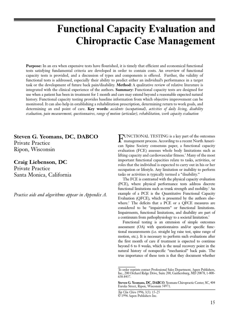 Functional Capacity Evaluation and Chiropractic Case Management | PDF ...