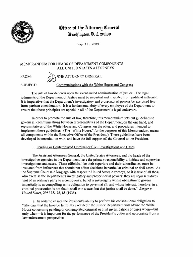 2009 Eric Holder Memo | PDF | Attorney General | United States Congress