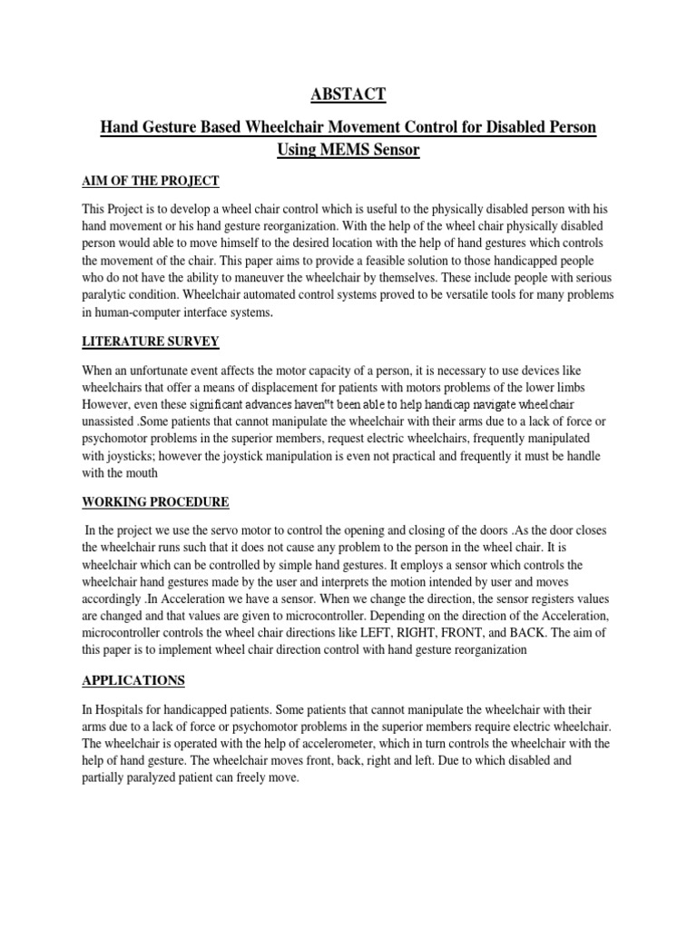 Abstact Hand Gesture Based Wheelchair Movement Control For Disabled ...