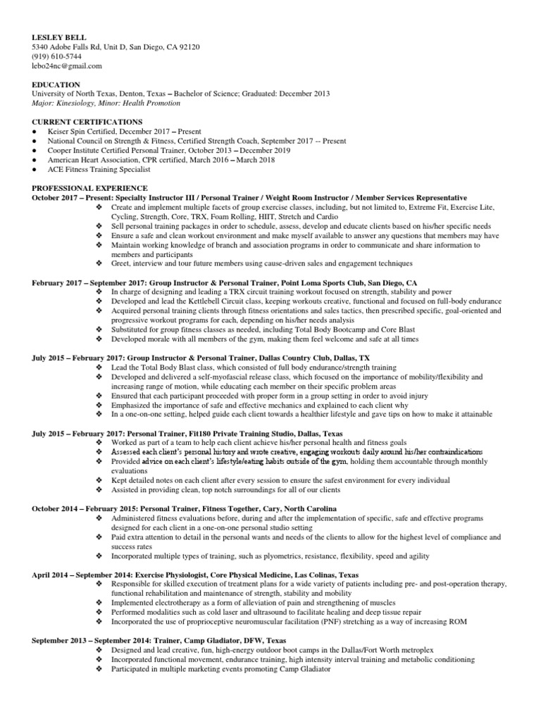 Kinesiology Graduate & Certified Trainer Resume | PDF | Personal ...
