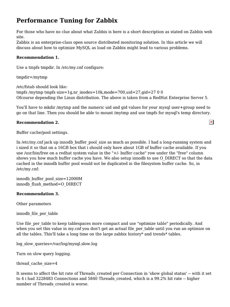 Performance Tuning For Zabbix: Recommendation 1 | PDF | Cache (Computing) | My Sql