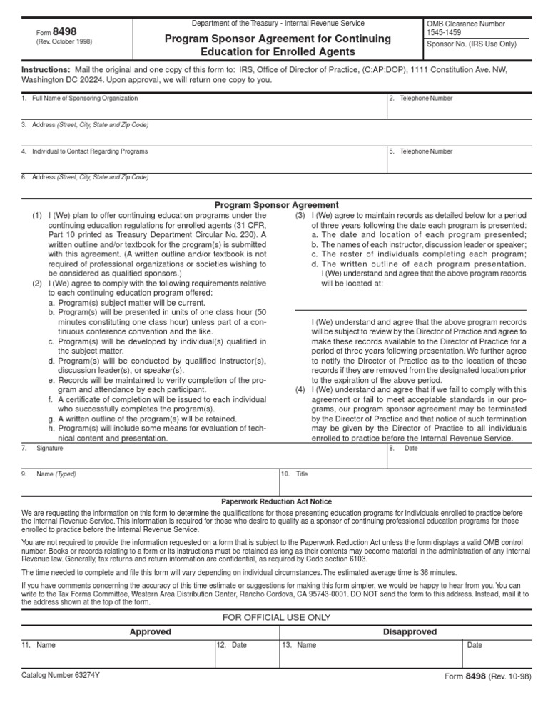 8498 Program Sponsor Agreement For Continuing Education For Enrolled ...