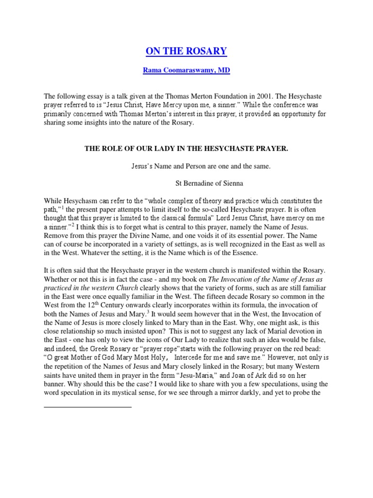 On The Rosary (Rama Coomaraswamy) | PDF | Rosary | Mary, Mother Of Jesus