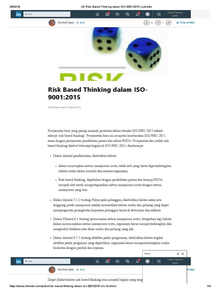 Risk Based Thinking Dalam ISO-9001 - 2015 - LinkedIn | PDF