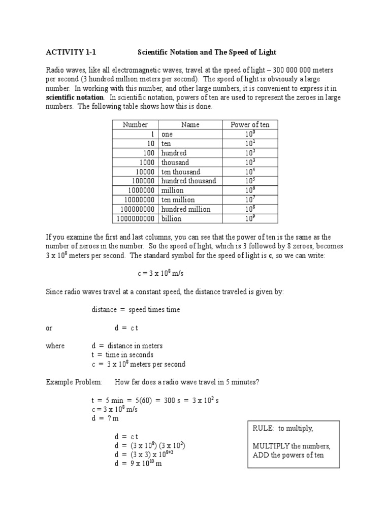 Activity 1-1 Scientific Notation and The Speed of Light | PDF | Speed ...