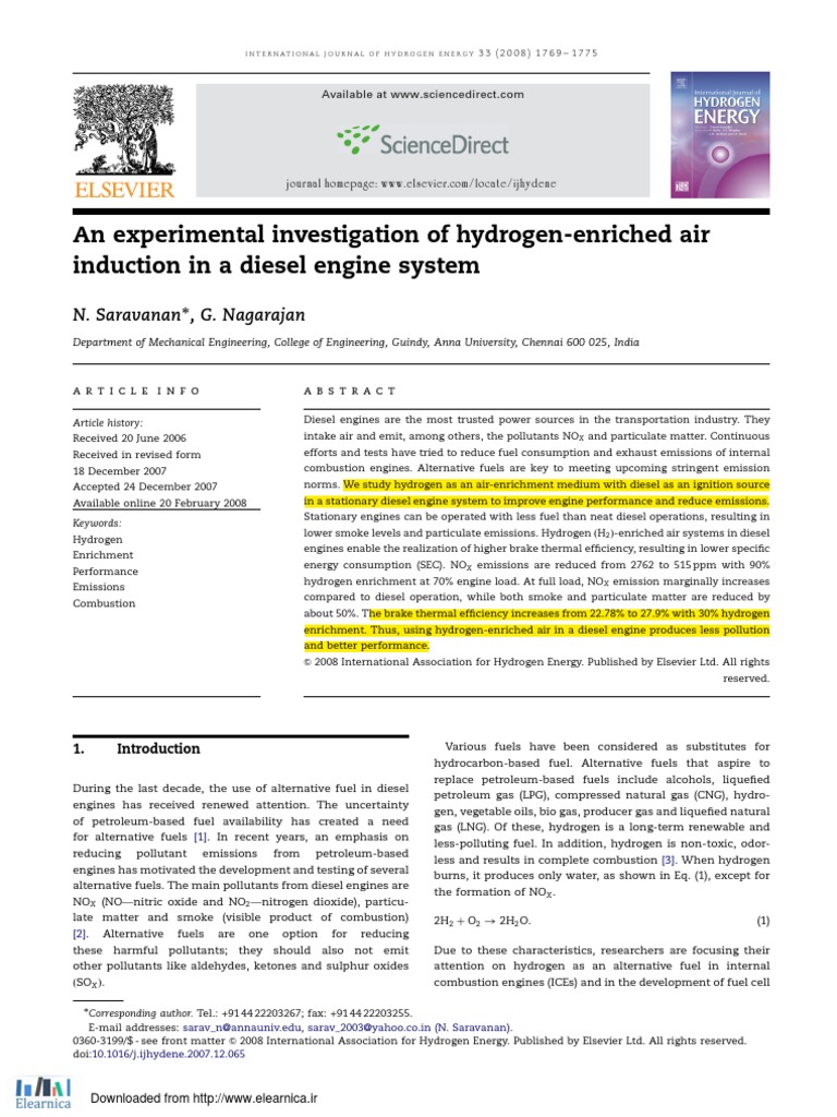 An Experimental Investigation of Hydrogen-Enriched Air Induction in A Diesel Engine System | PDF ...