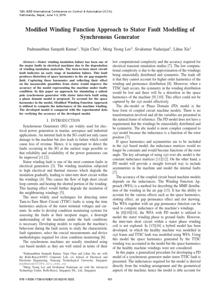 Modified Winding Function Approach To Stator Fault Modelling of Synchronous Generator | PDF ...