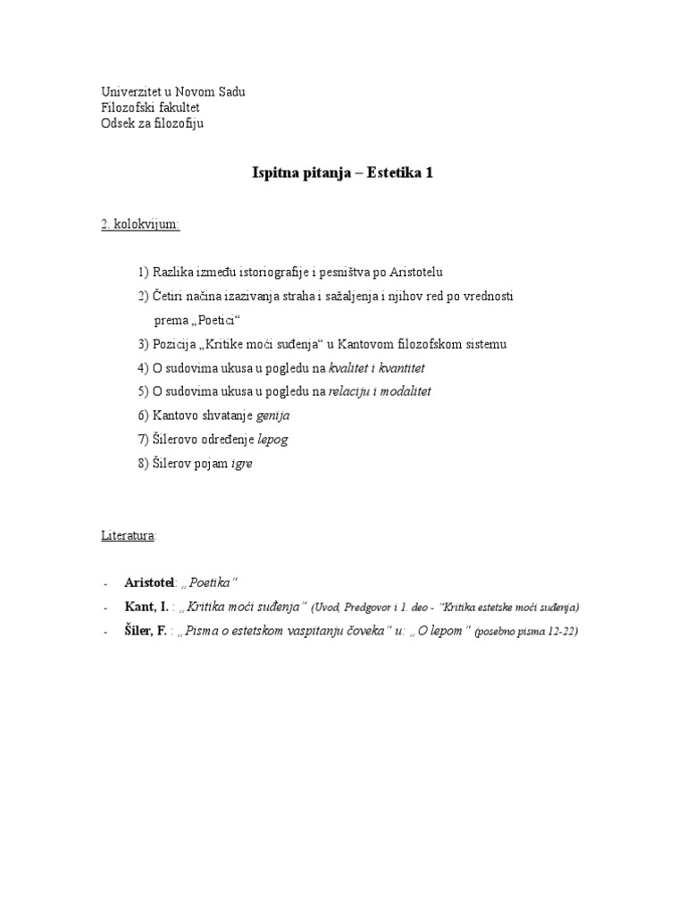 Ispitna Pitanja - Estetika 1 | PDF
