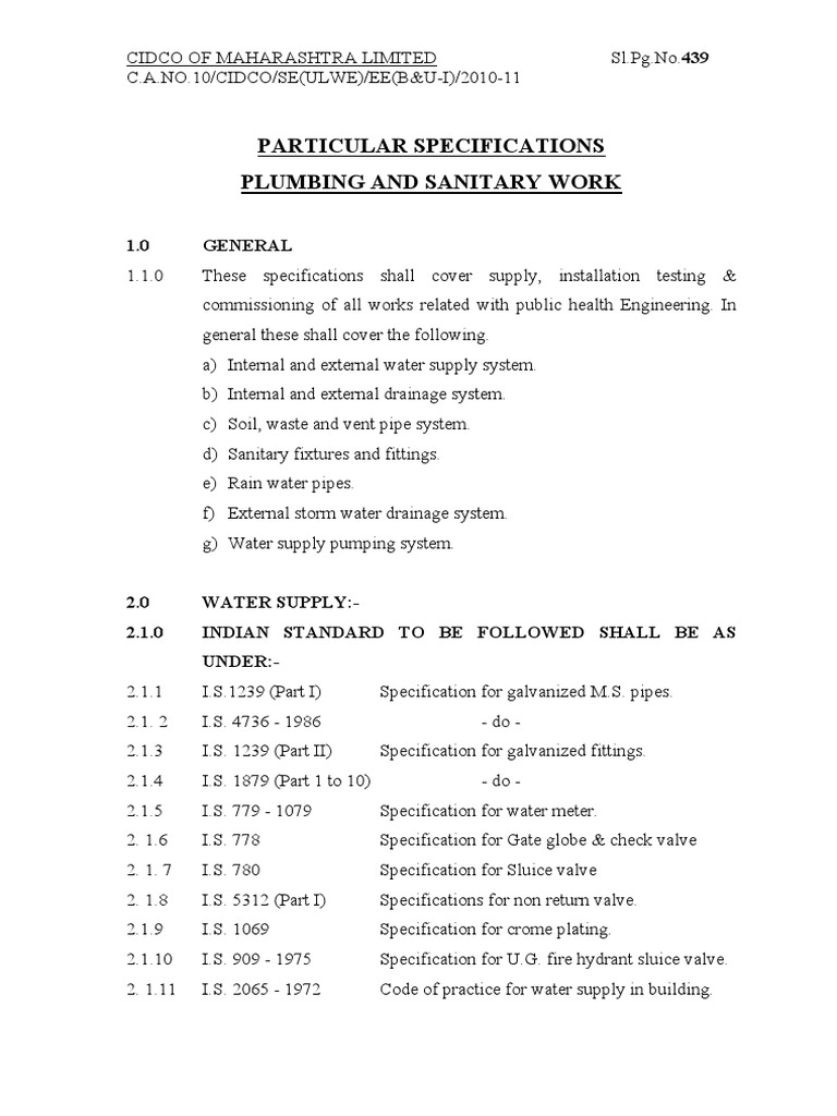 Particular Specifications Plumbing and Sanitary Work: 1.0 General | PDF ...