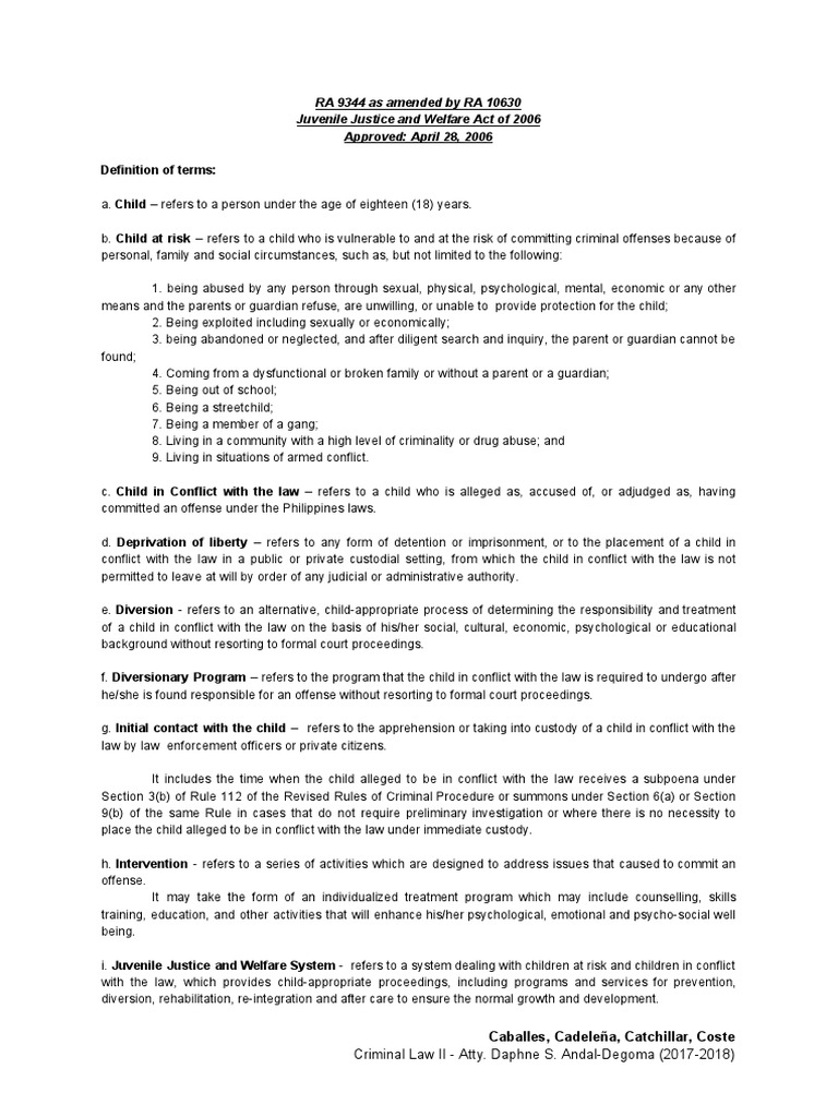 RA 9344 As Amended by RA 10630 - Handouts | PDF | Child Custody | Crime ...