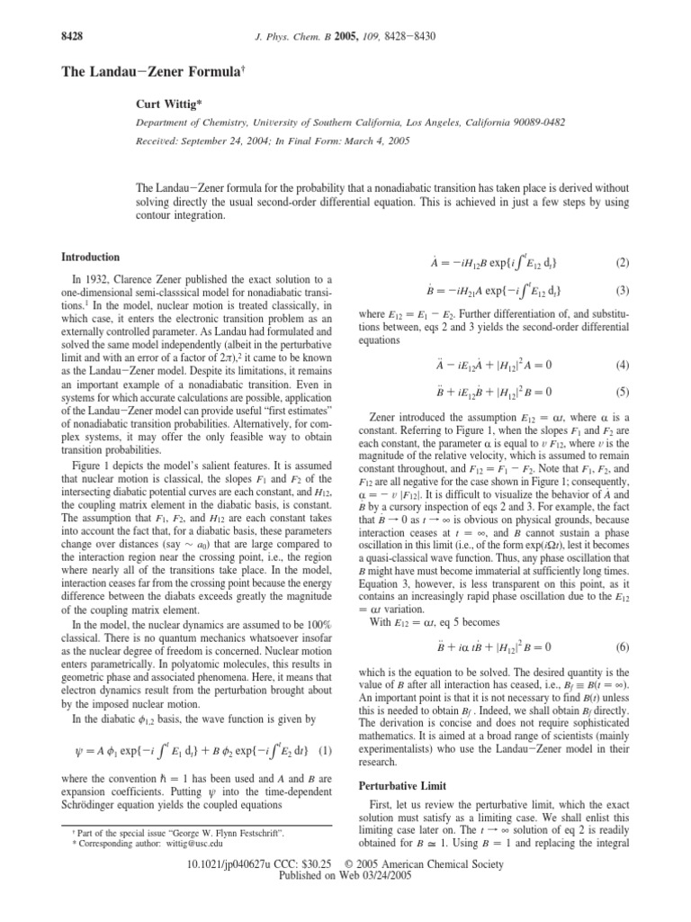 Wittig The Landau Zener Formula J Phys Chem b109 8428 2005 | PDF ...