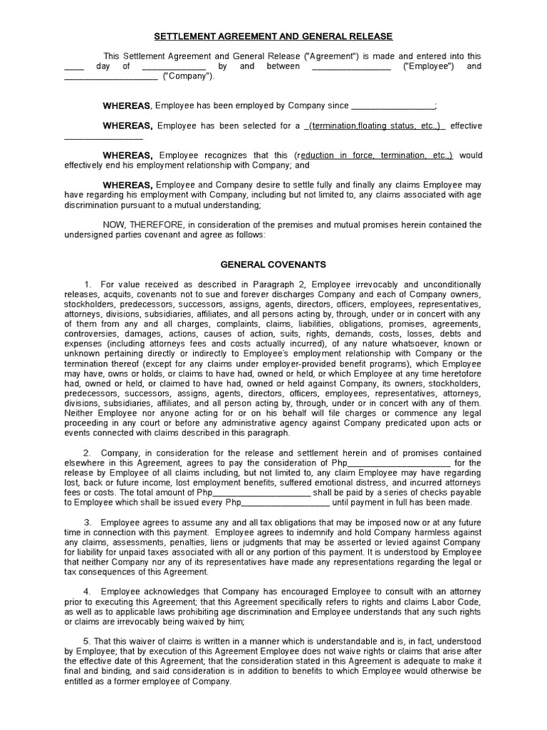 Employee Settlement & Release | PDF | Employment | Consideration