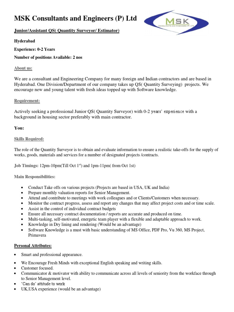 MSK Consultants and Engineers-QS Job Description | PDF | Consultant ...