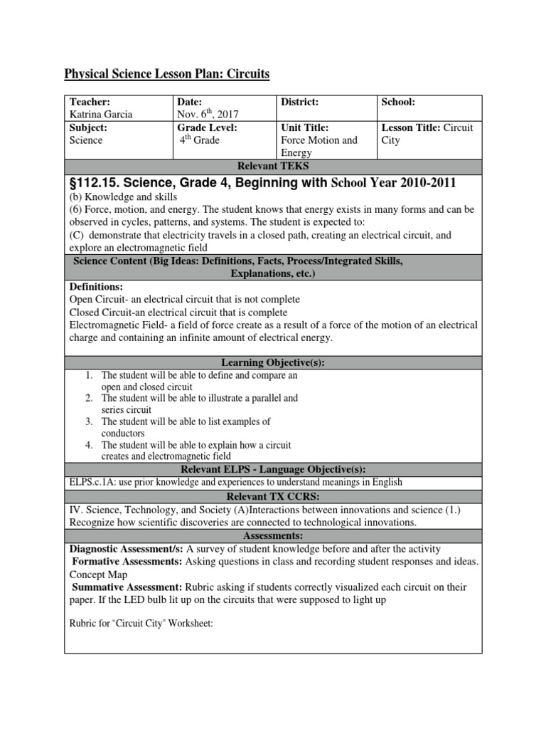 Physical Science Lesson Plan: Circuits | PDF | Science | Electricity
