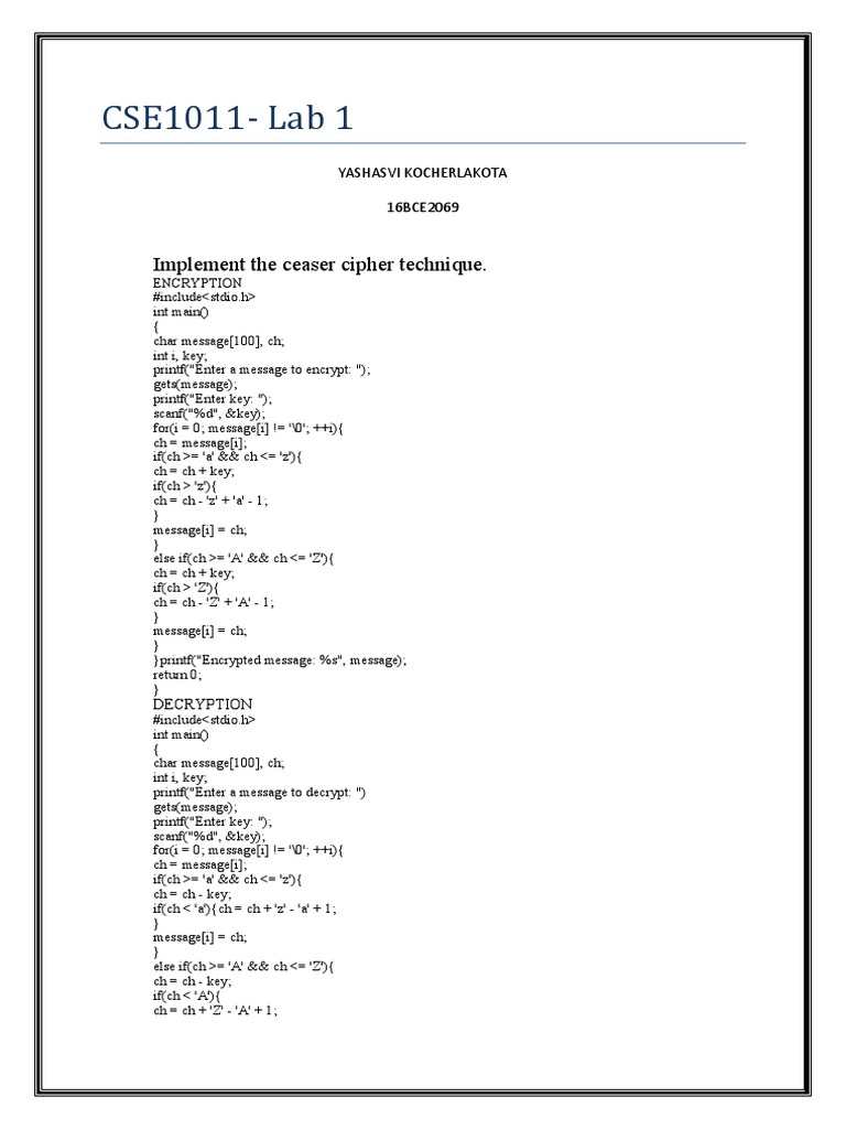 Cse1011 Lab 1 Implement The Ceaser Cipher Technique Pdf Cryptography Digital Rights 