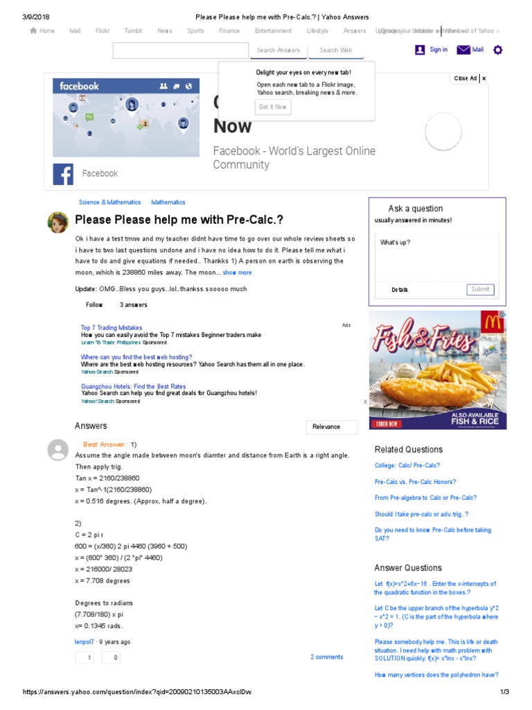 Create A Pro Le Now: Please Please Help Me With Pre-Calc.? | PDF | Yahoo! | Trigonometric Functions