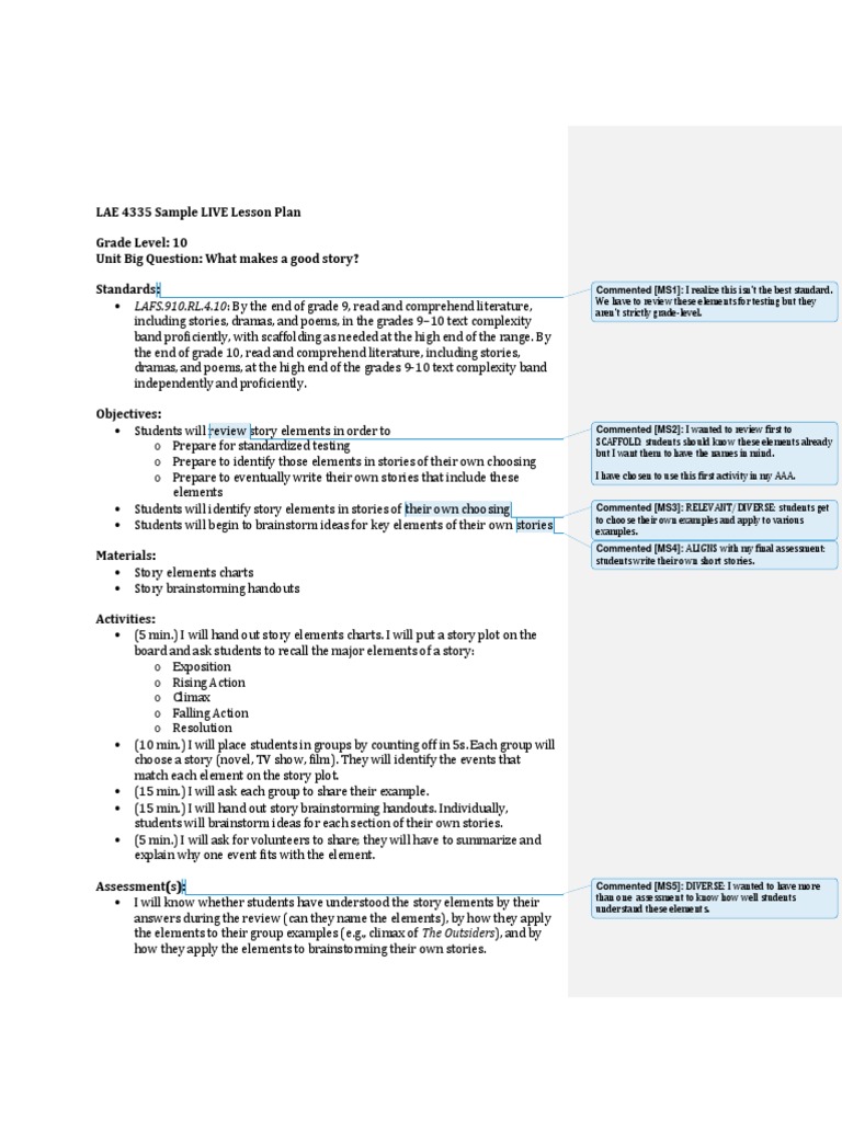 10th Grade Story Elements Lesson Plan | PDF | Brainstorming | Lesson Plan