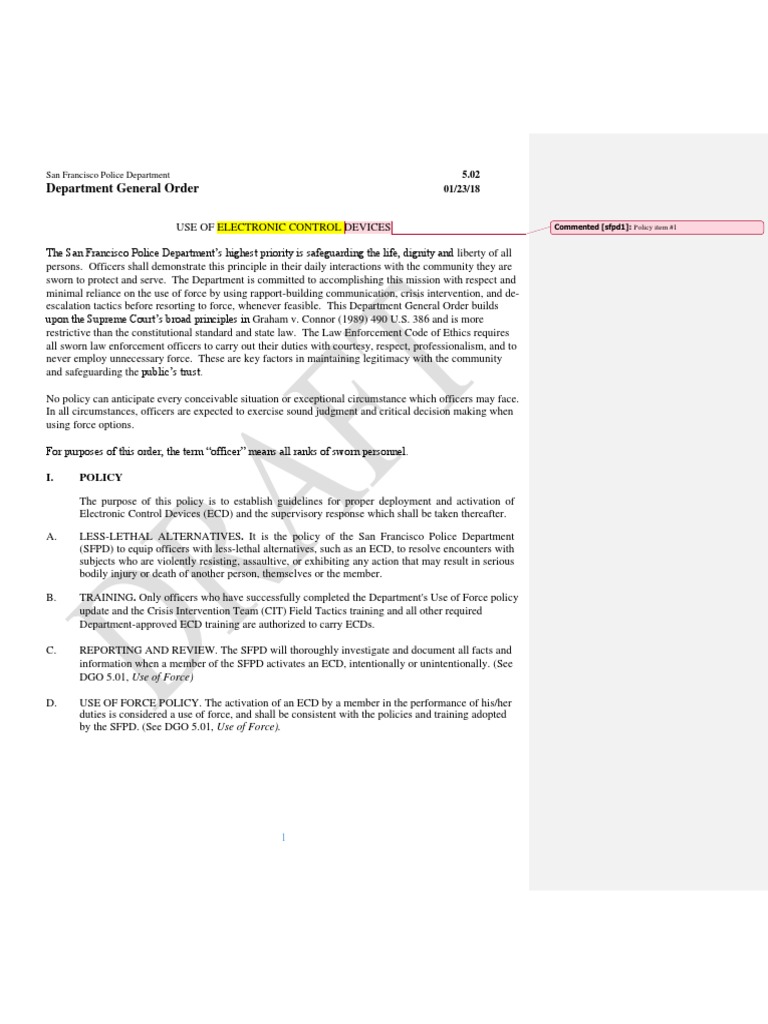 Draft DGO 5.02 and Draft ECD Appendix | PDF | Use Of Force | Police