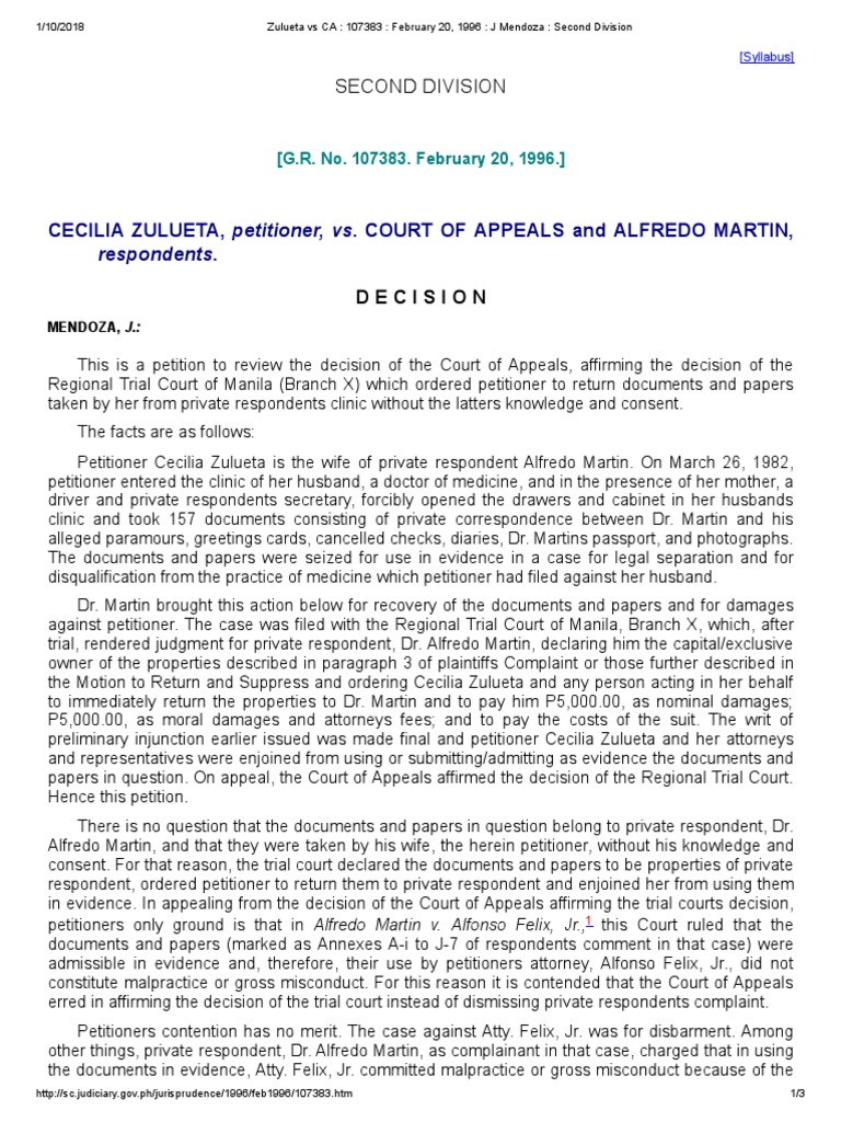 1 Zulueta Vs CA - 107383 | PDF | Writ Of Prohibition | Injunction