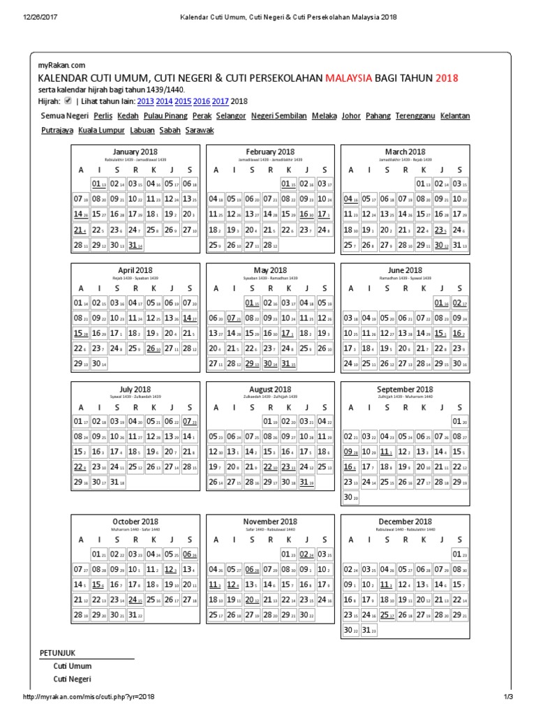 Kalendar Cuti Umum Malaysia 2018 | PDF