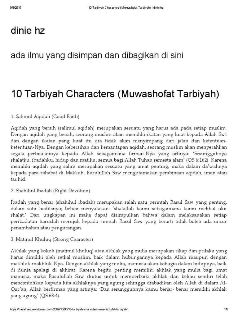 10 Tarbiyah Characters (Muwashofat Tarbiyah) - Dinie HZ | PDF