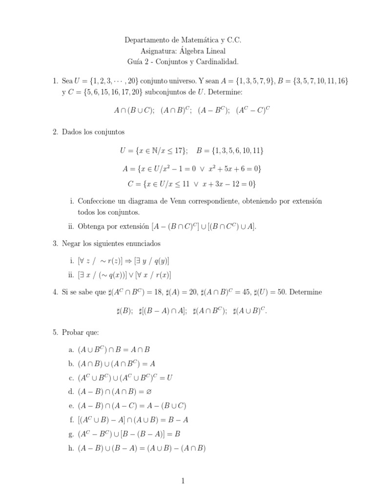 Guía de Álgebra Lineal: Conjuntos y Cardinalidad | PDF | Enseñanza de ...
