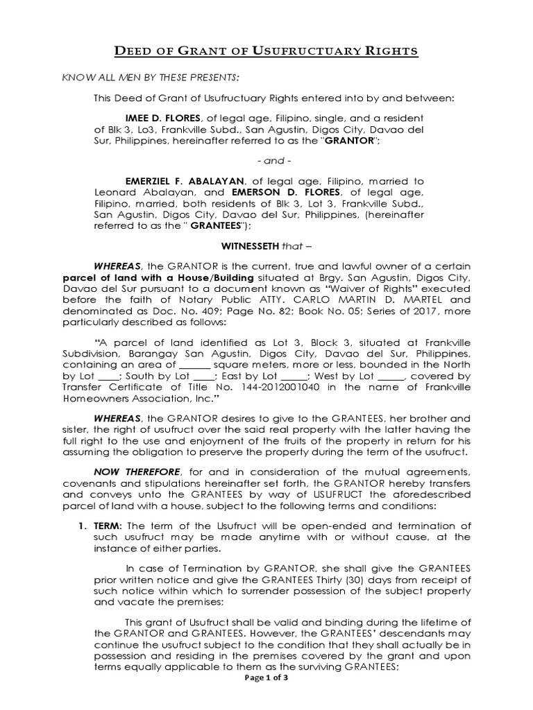 Deed of Grant of Usufructuary Rights | Property | Taxes | Free 30-day ...