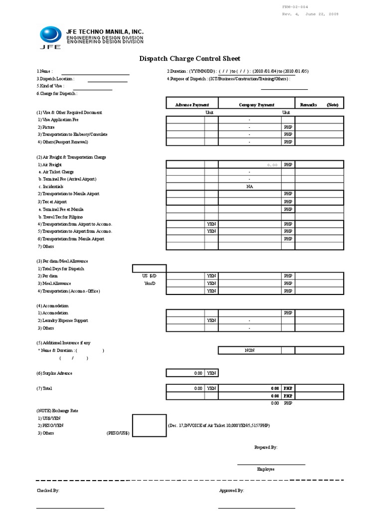 Dispatch Charge Control Sheet: Jfe Techno Manila, Inc | PDF | Per Diem ...