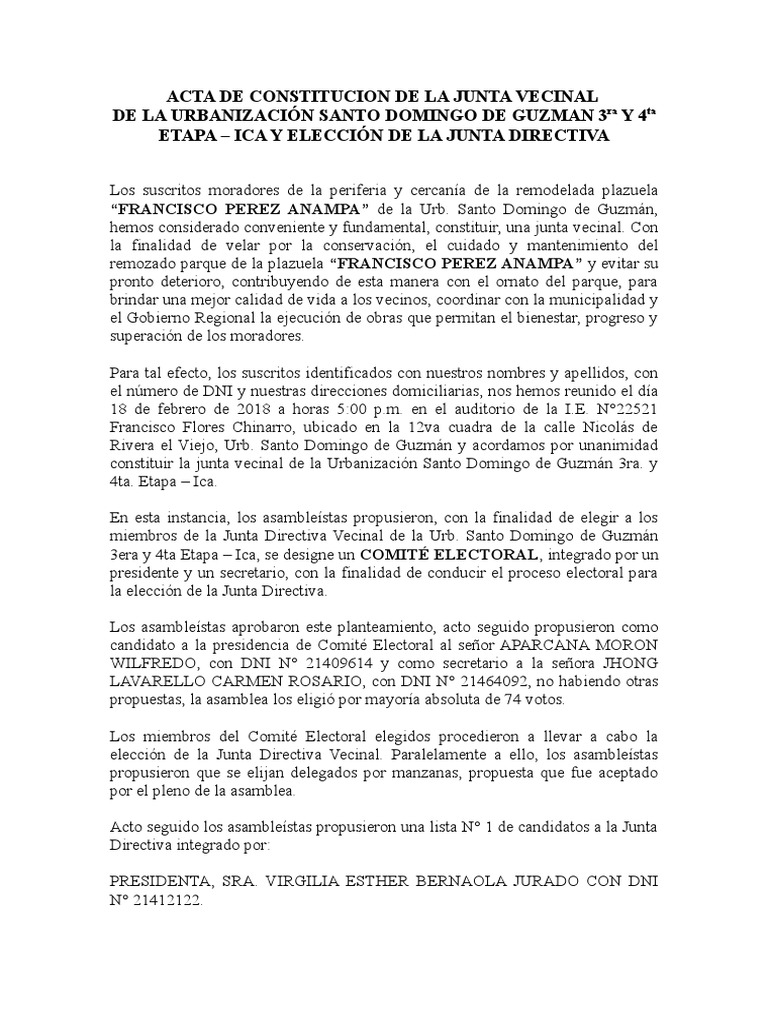 Acta de Constitucion de La Junta Vecinal | PDF | Elecciones | Toma de decisiones grupales