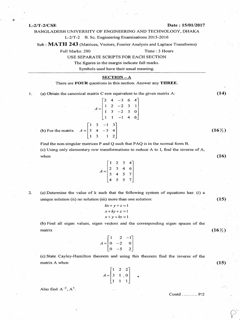 MATH 243: L-2/T-2/CSE Date: 15/0112017 | PDF | Time Complexity | Matrix (Mathematics)