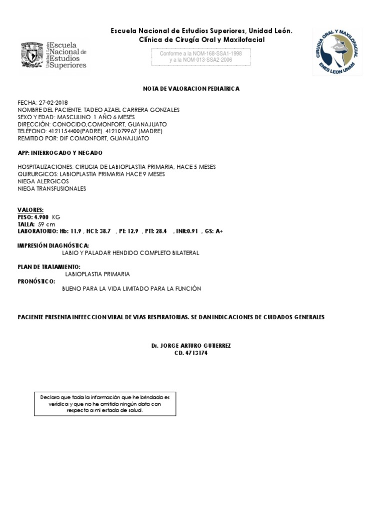 Nota de Valoracion Pediatrica | PDF