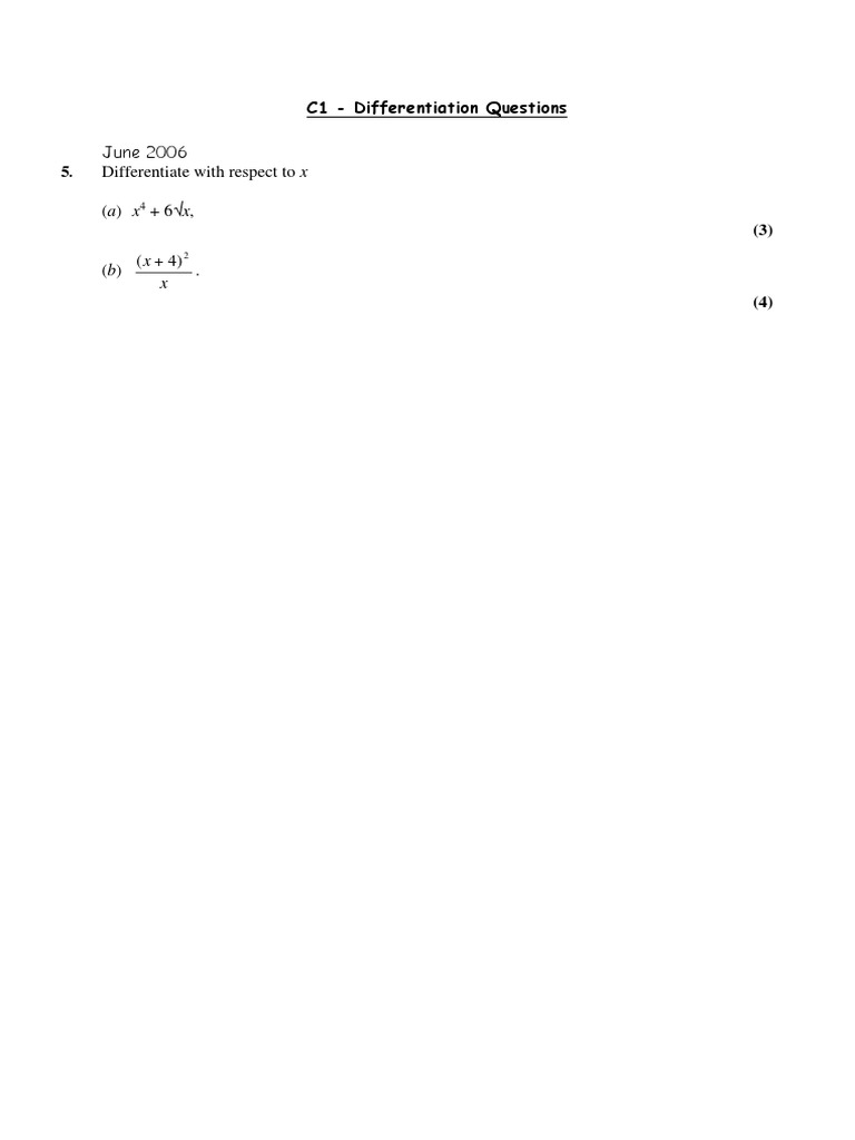C1 Differentiation Practice Questions | PDF | Tangent | Differential ...