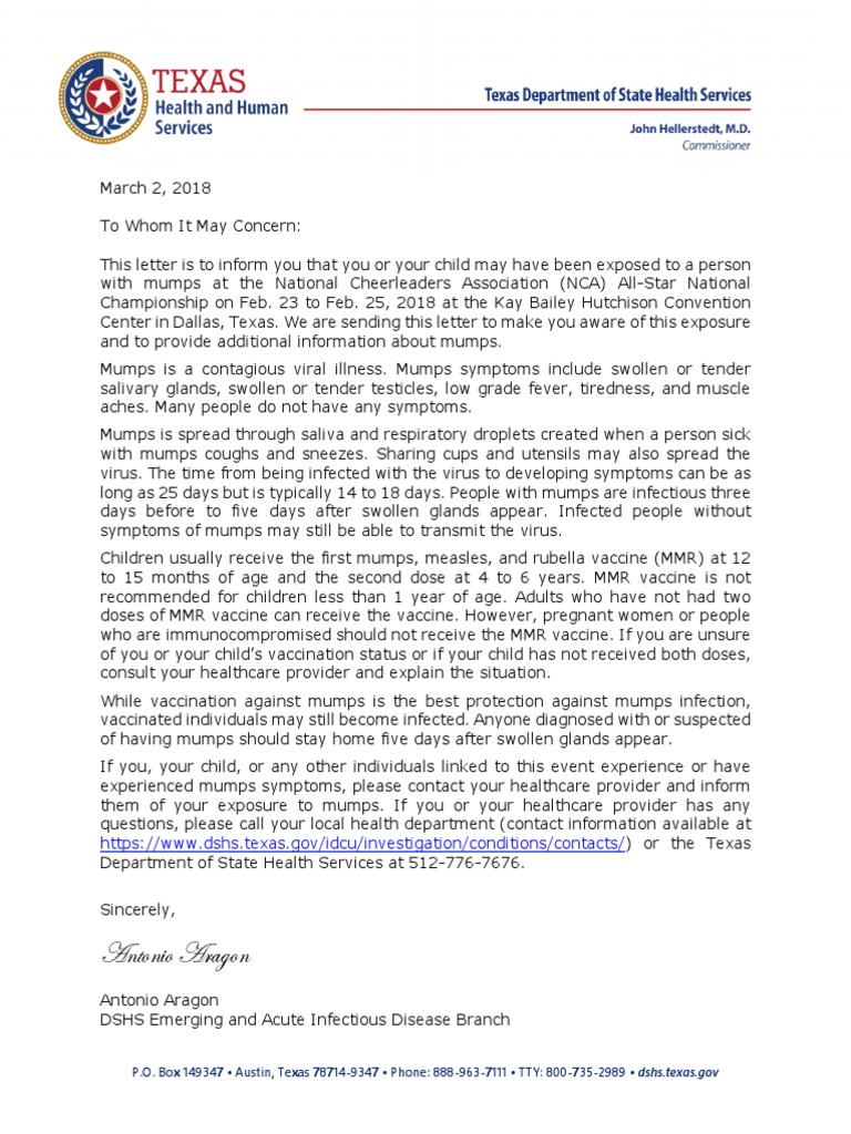 Mumps Exposure Letter - 3!2!18 | PDF | Animal Virology | Viral Diseases
