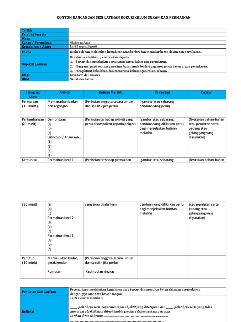 Contoh Rancangan Sesi Latihan Kokurikulum Olahraga | PDF