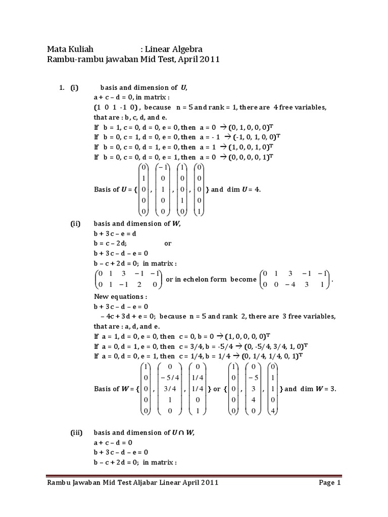 Mata Kuliah: Linear Algebra Rambu-Rambu Jawaban Mid Test, April 2011 ...